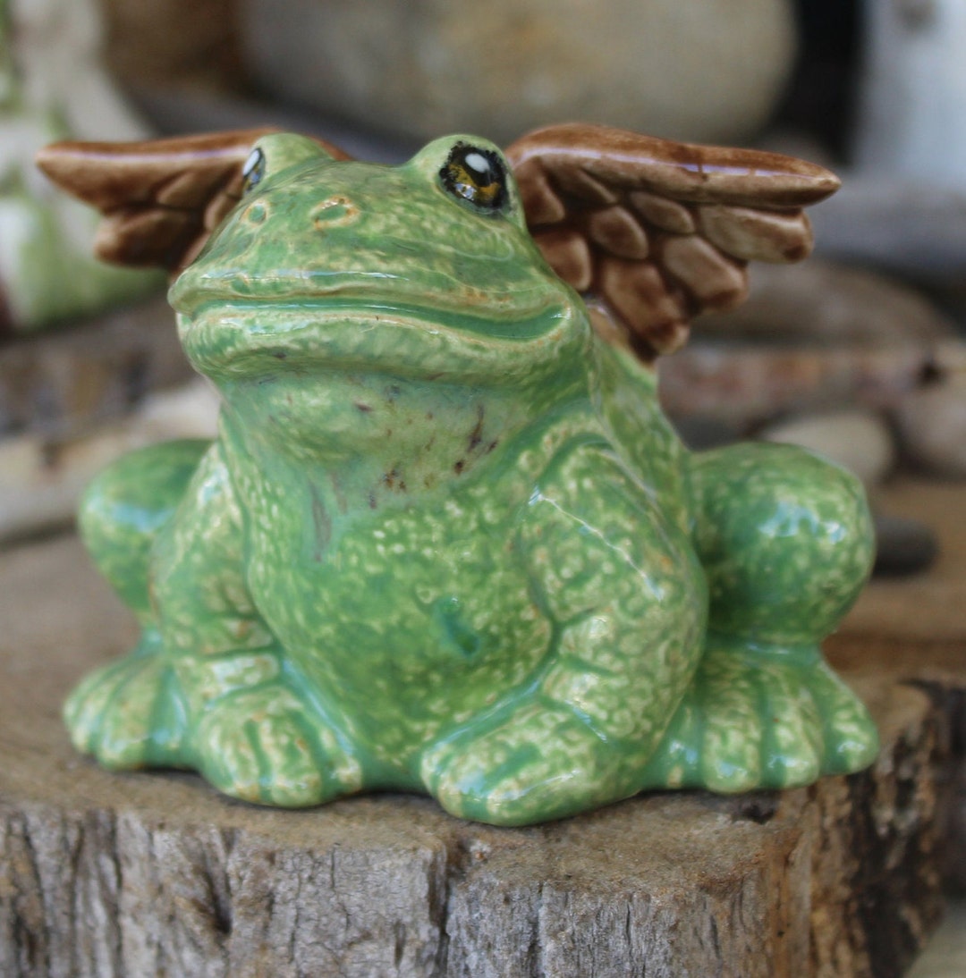Frog Garden Statue Pet Memorial Frog Angel Ceramic Hand Painted Glazed ...