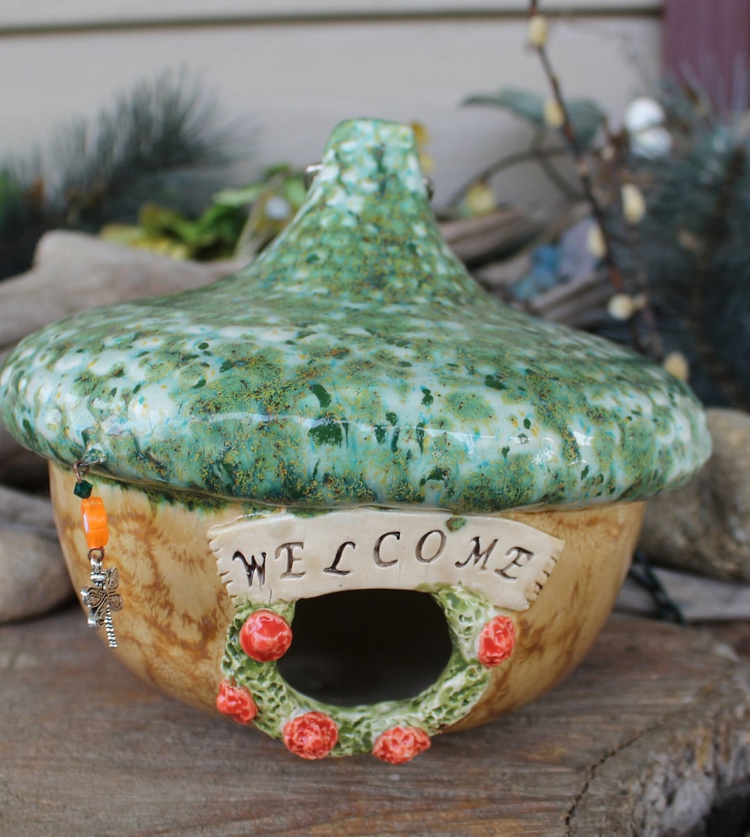 Ceramic Acorn Shaped Birdhouse, Handmade Songbird House Lawn, Rustic ...