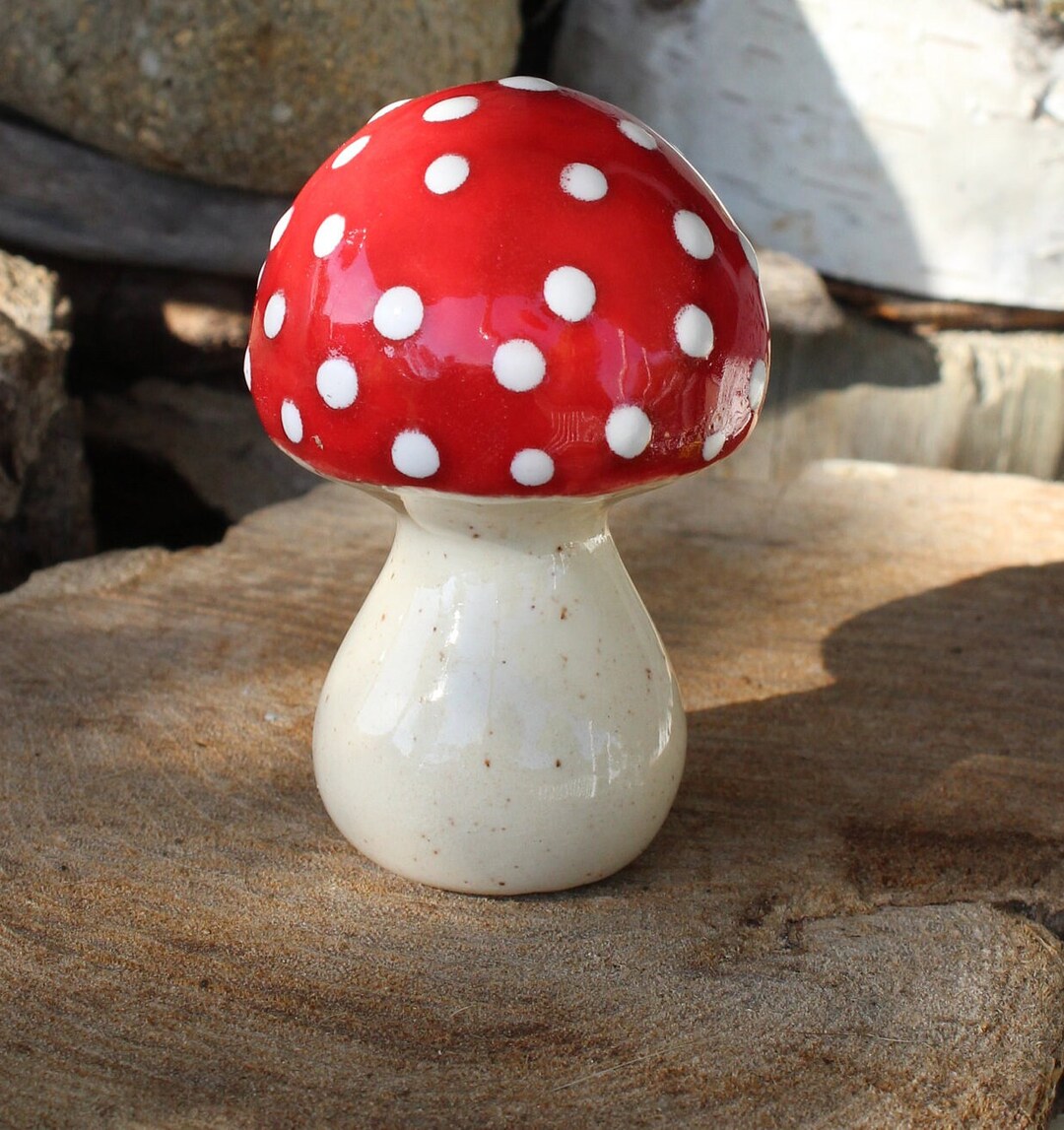 Ceramic MUSHROOM Statue Fairy or Gnome Garden Red Glazed Button Top ...