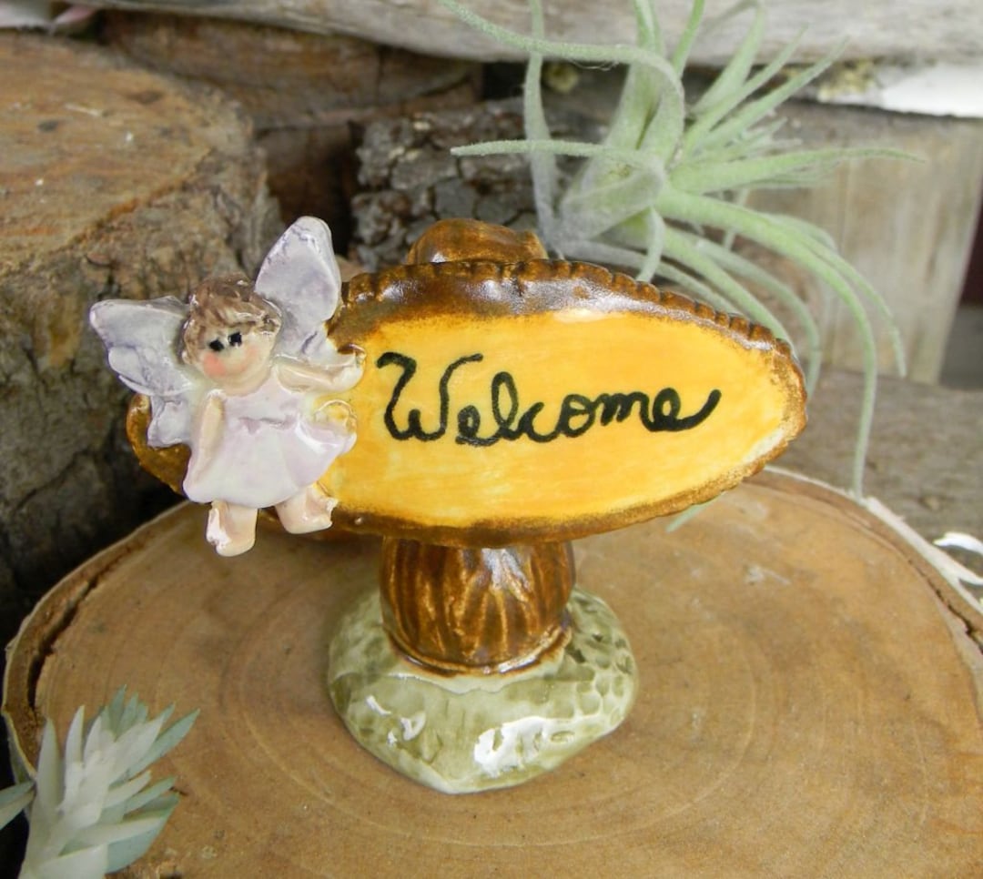 Fairy Garden TREE Sign Welcome Fairies Miniature Handmade Ceramic ...