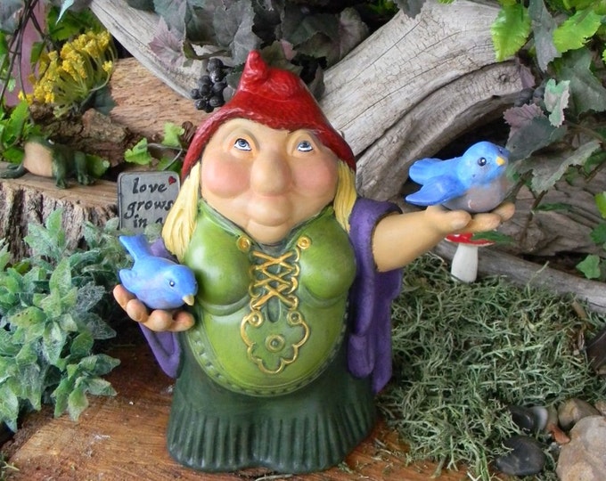 Mother Nature Garden Gnome Ceramic Girl Lady Miss Gnomer W Blue Birds ...