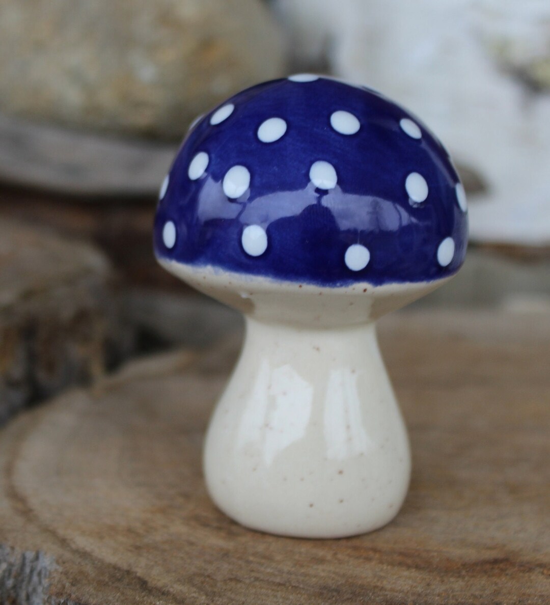 Ceramic MUSHROOM Statue Fairy or Gnome Garden Blue Glazed Button Top ...