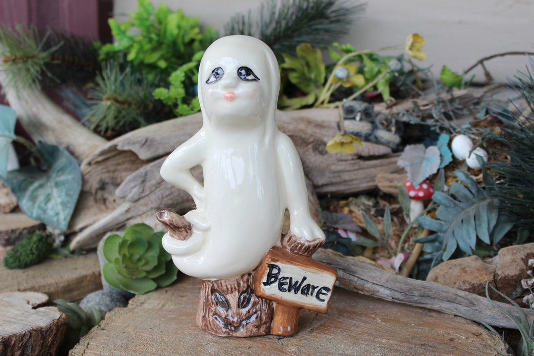 Ghost on a Tree Stump With a Sign Beware Vintage Ceramic Halloween ...