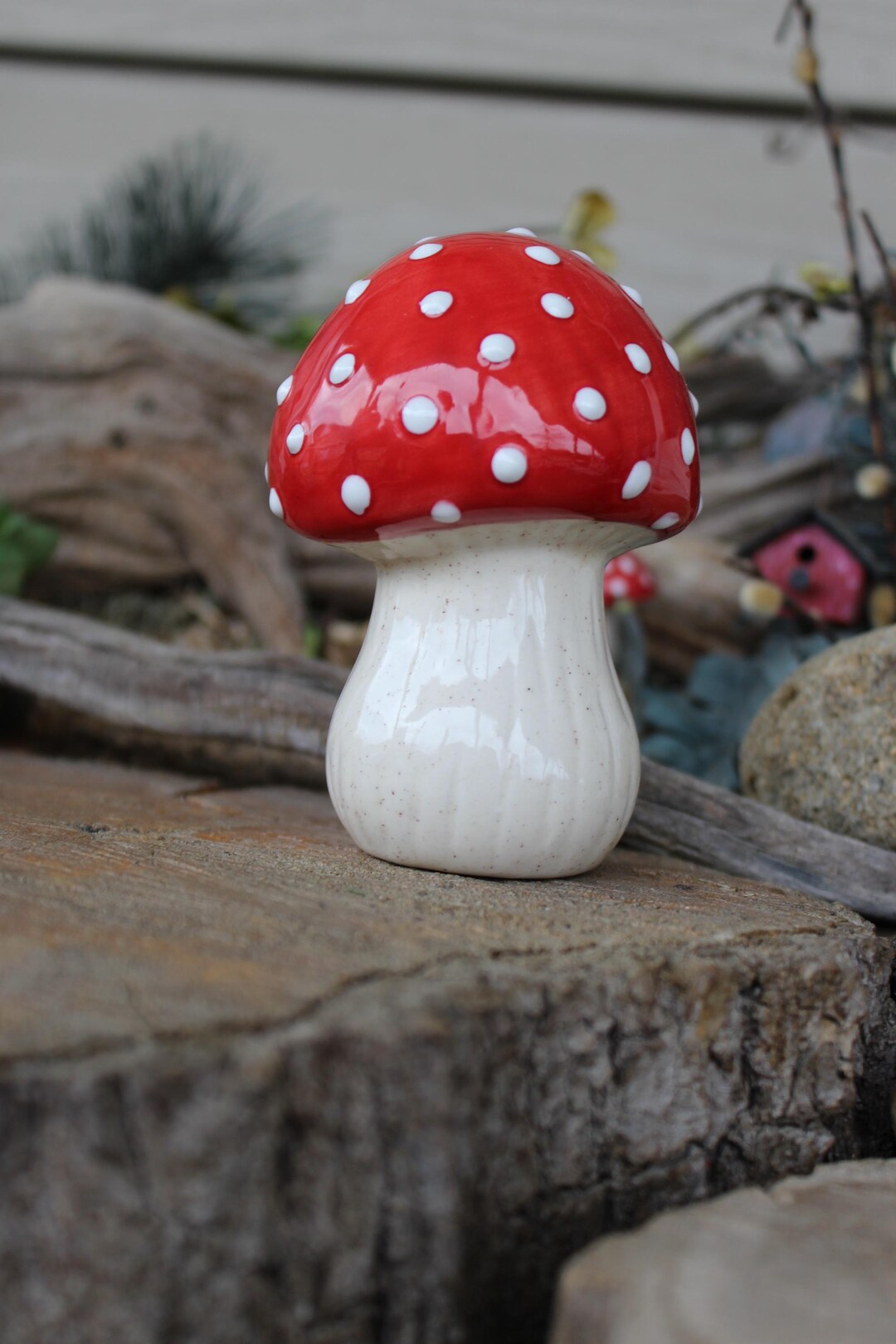 Ceramic MUSHROOM Statue Fairy or Gnome Garden RED Glazed Button Top ...