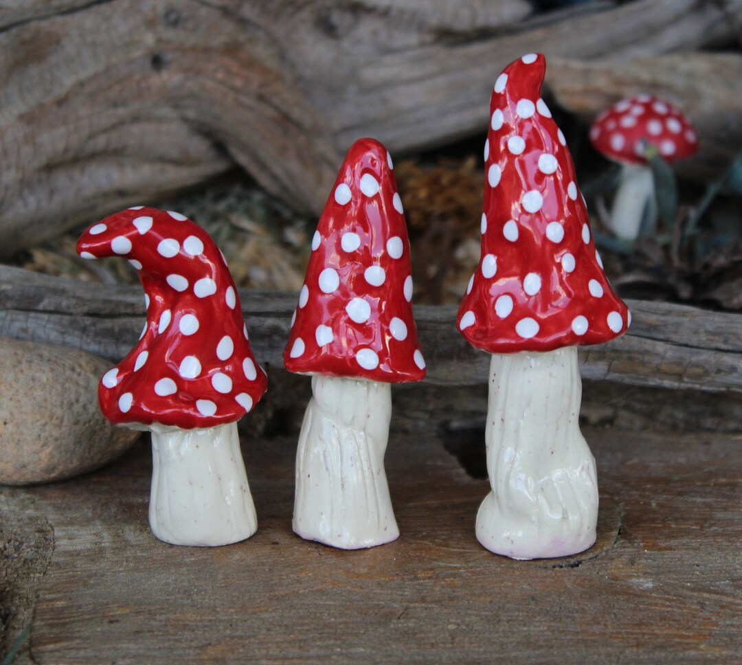 3 Fairy Mushrooms Hand Crafted Ceramic Toadstools Miniature Statues Home Grown Shrooms Terrarium ...