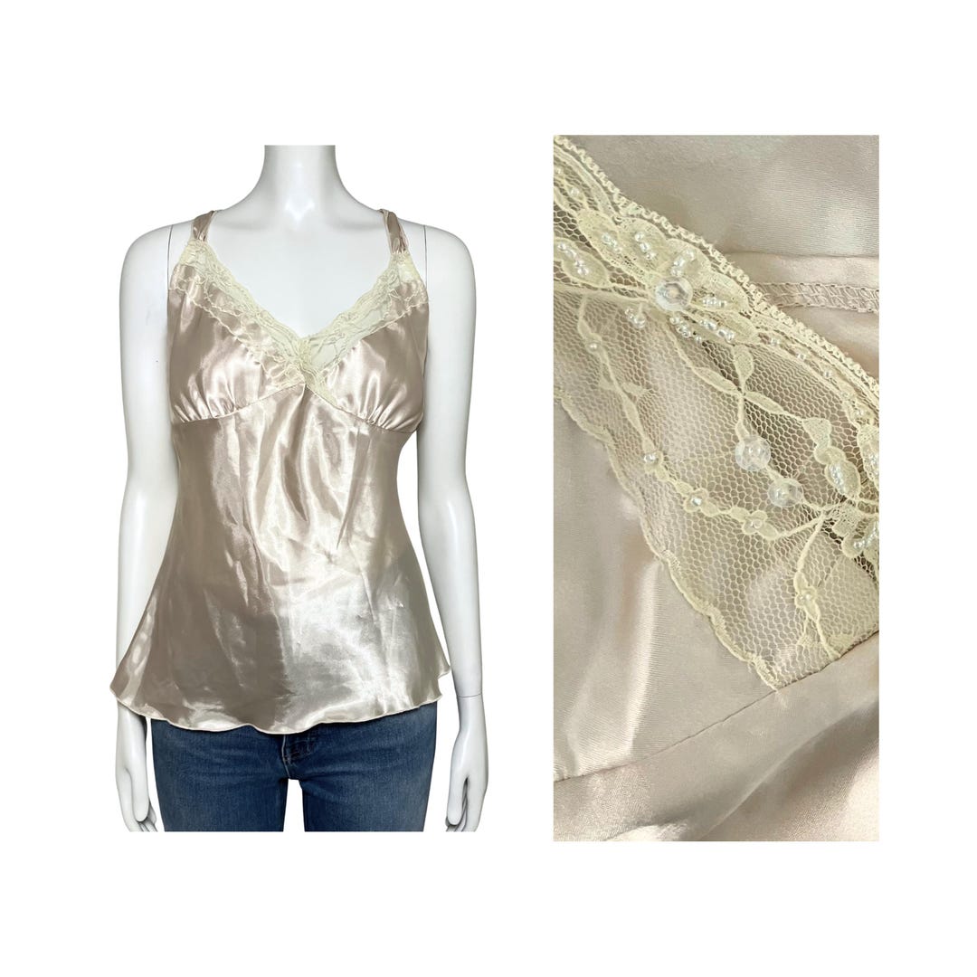 Vintage Y2K Satin Babydoll Cami Going Out Top. Large. Pale Gold Sequin ...