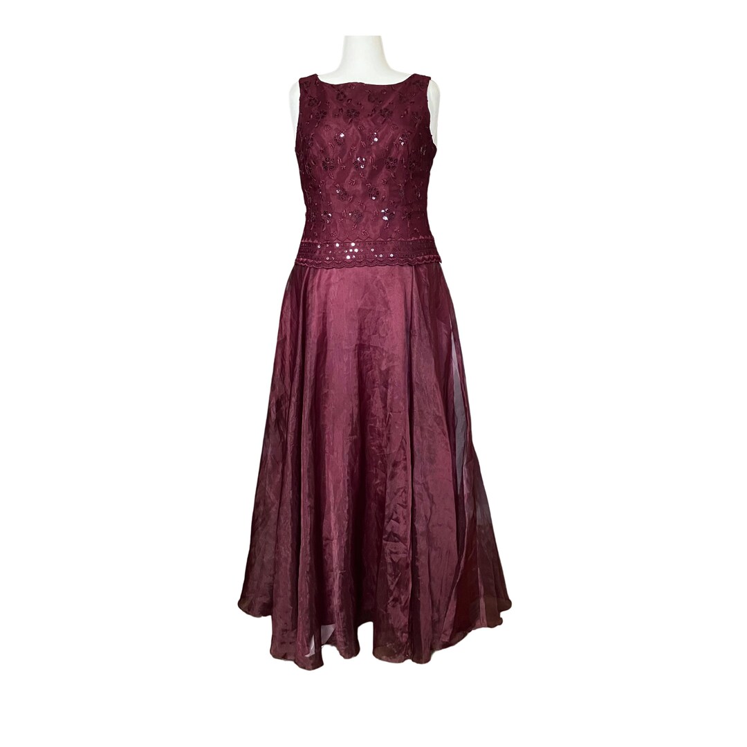 Vintage 90s Maroon Whimsigoth Prom Dress & Scarf XL Sequins A Line Vamp ...