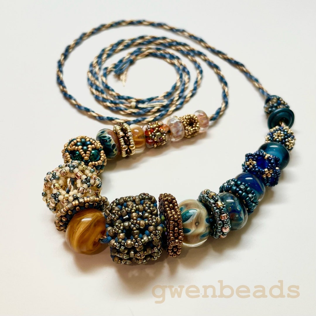 Blue and Gold Beaded Bead Necklace Puff Bead, Conway Bead, Octahedral ...