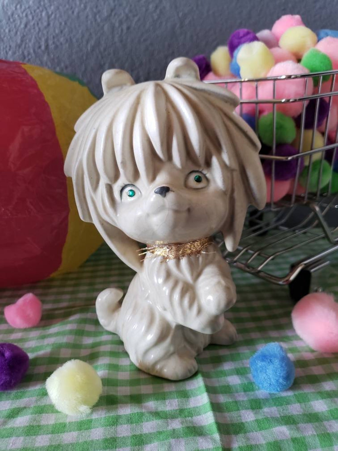 Vintage Ceramic Coin Bank Mop-Haired Shaggy Dog Green | Etsy