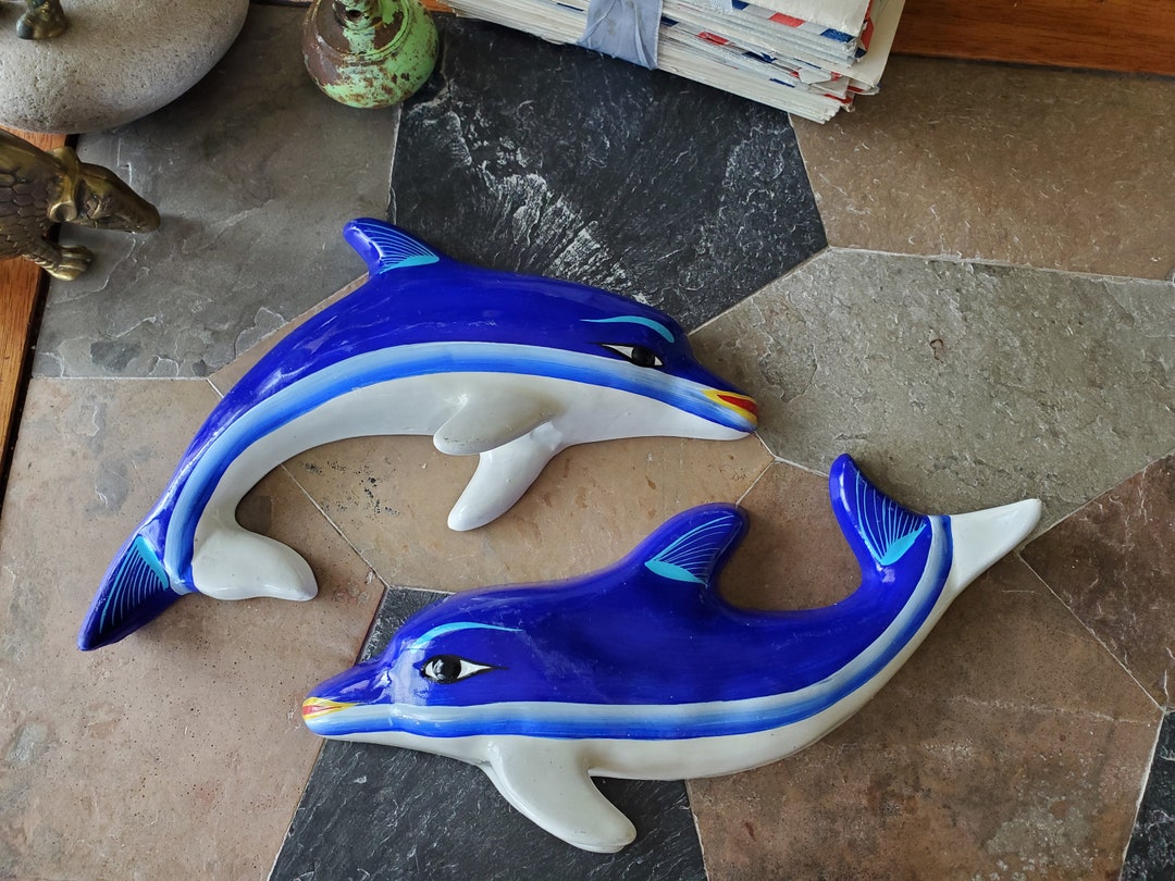 Pair of Vintage Ceramic Dolphin Wall Hangers - Bathroom Decor - Blue ...