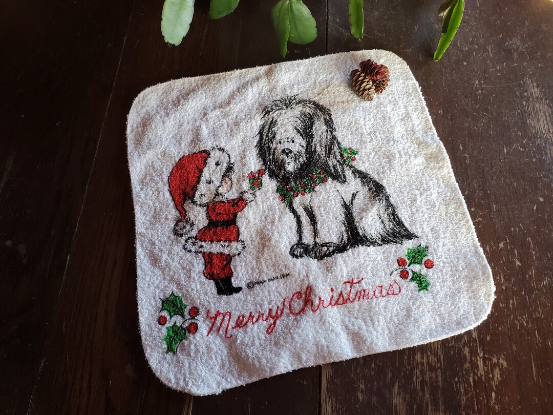 Vintage Christmas Washcloth - Hand Towel - Boy and Dog - Fran Man ...