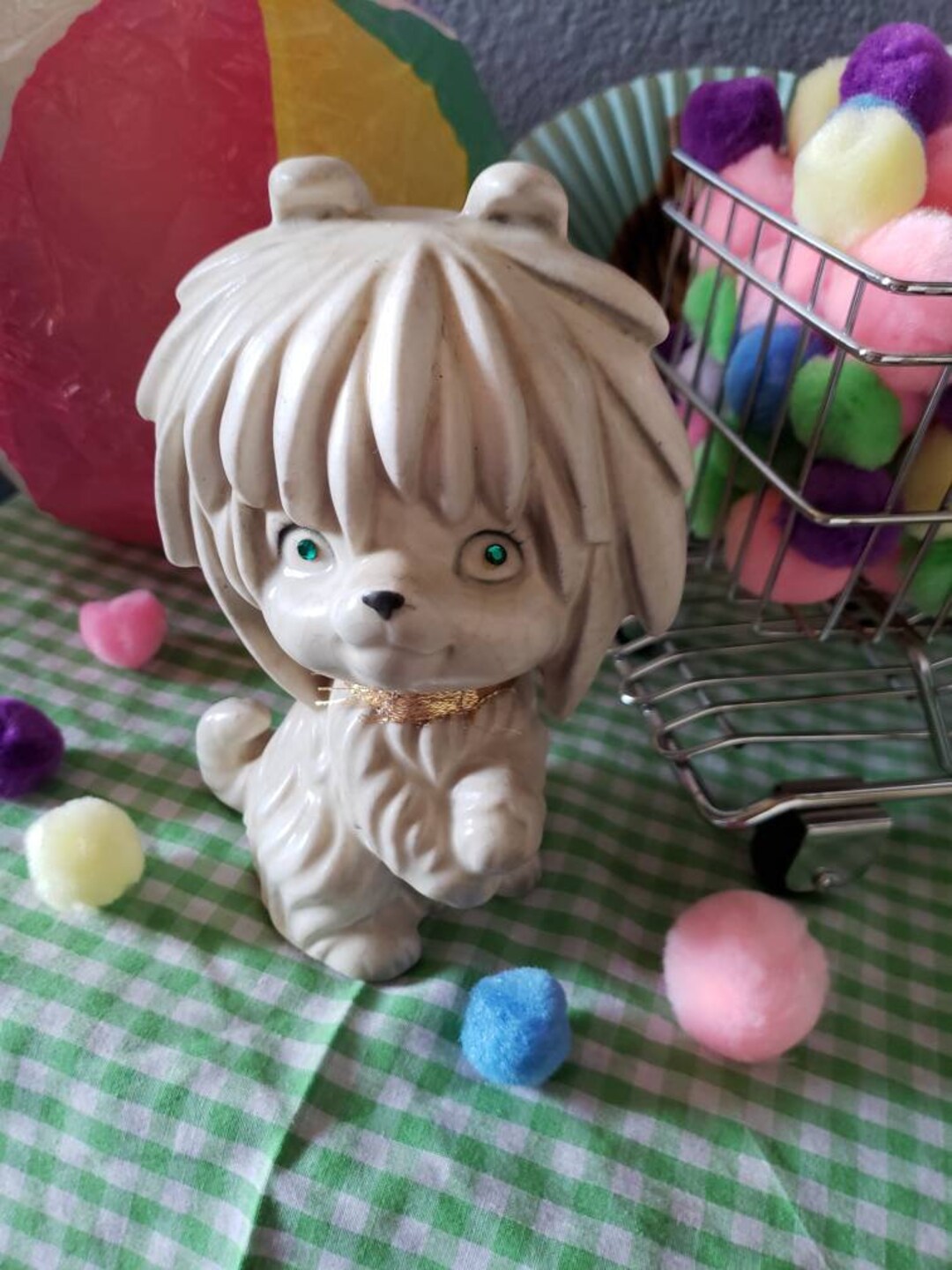 Vintage Ceramic Coin Bank - Mop-haired Shaggy Dog - Green Jewel Eyes ...