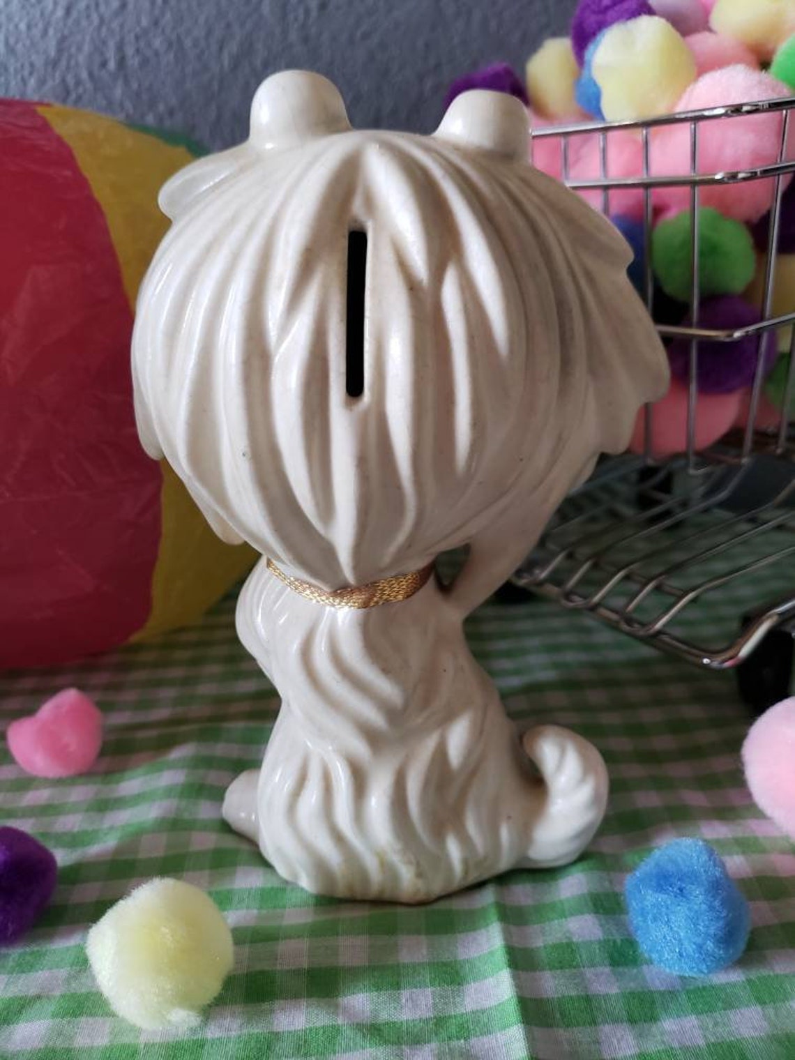 Vintage Ceramic Coin Bank Mop-Haired Shaggy Dog Green | Etsy