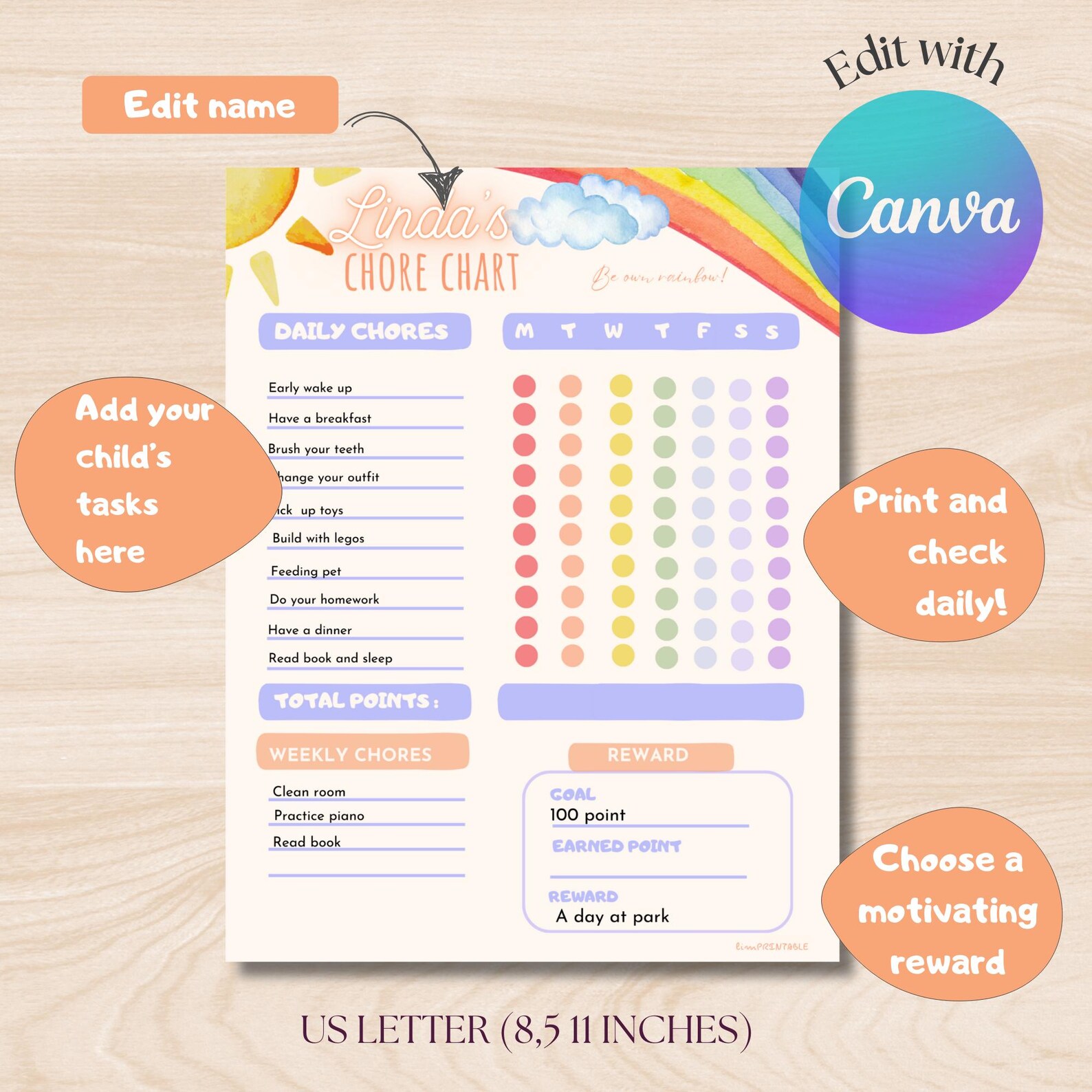 Editable Chore Chart Kids Printable Daily Chore Chart Rainbow Themed ...
