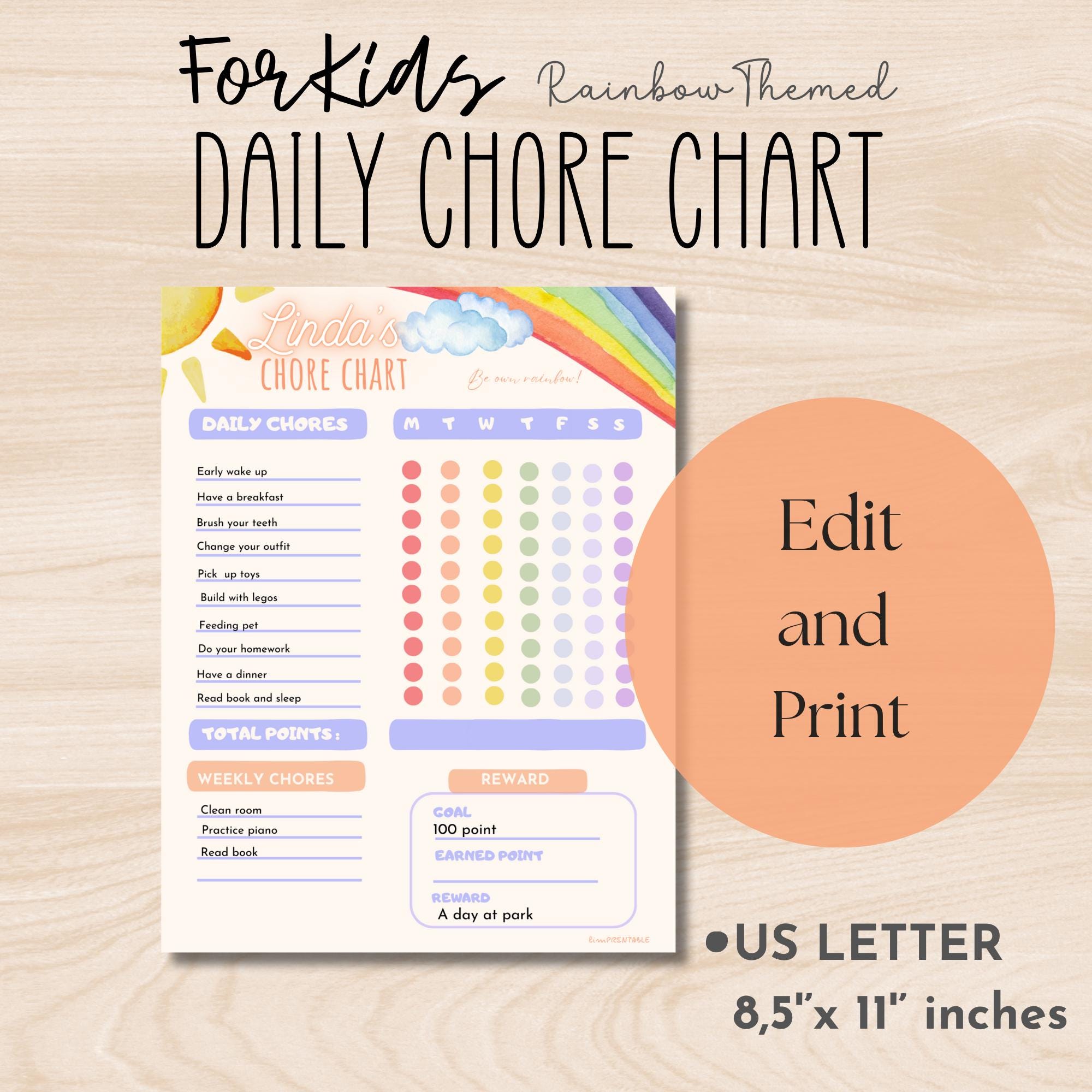 Editable Chore Chart Kids Printable Daily Chore Chart Rainbow Themed ...