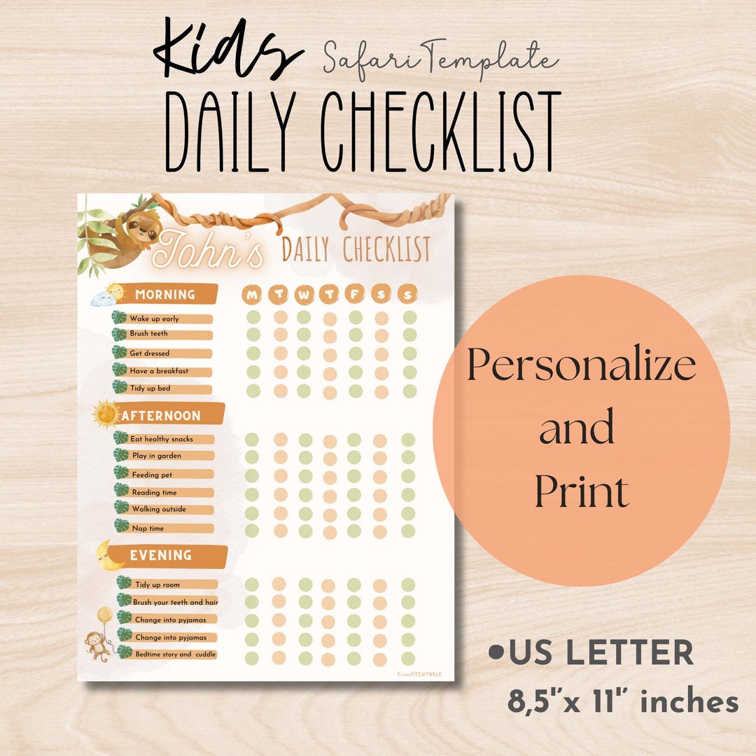 Safari-themed Editable Checklist for Kids Printable Daily Rountine ...