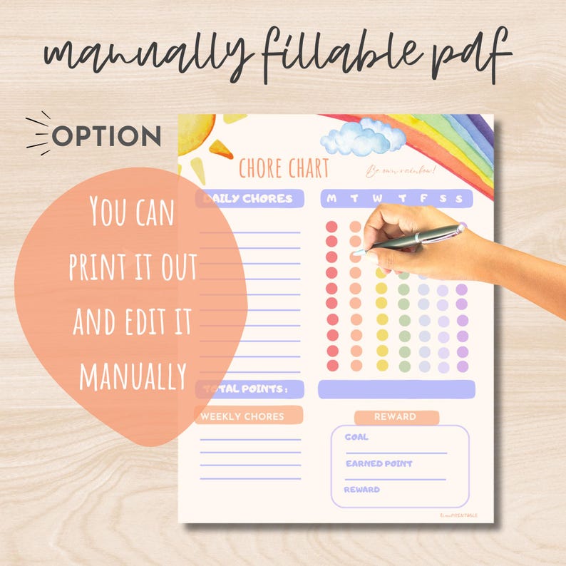 Editable Chore Chart Kids Printable Daily Chore Chart Rainbow Themed ...