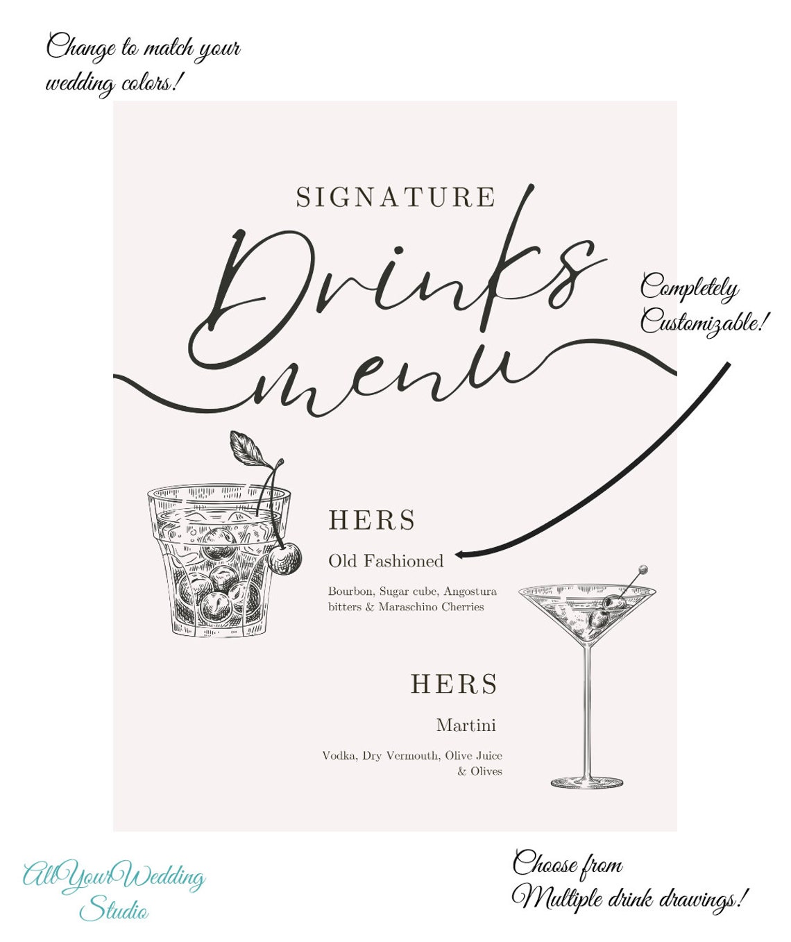 Drink Bar Menu Template Printable, Signature Drinks Menu, Hand Drawn ...