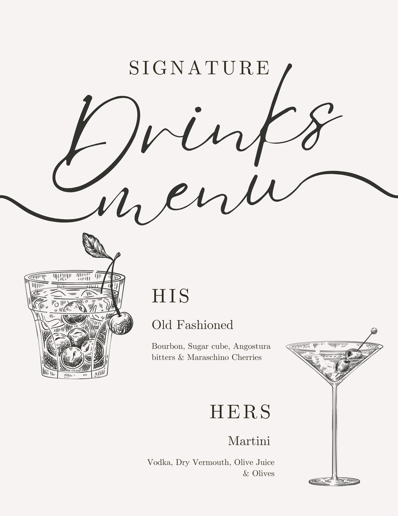Drink Bar Menu Template Printable, Signature Drinks Menu, Hand Drawn ...