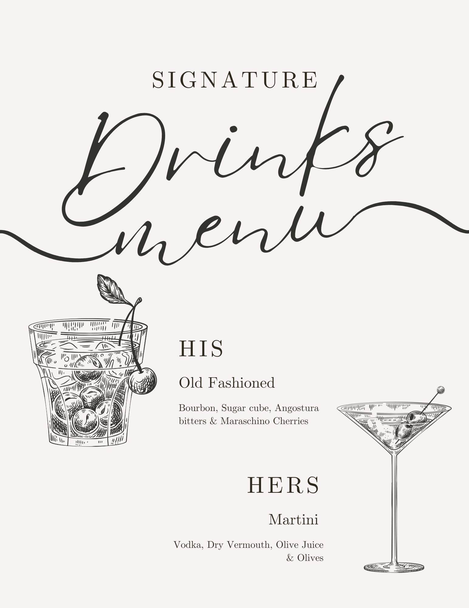 Drink Bar Menu Template Printable, Signature Drinks Menu, Hand Drawn ...