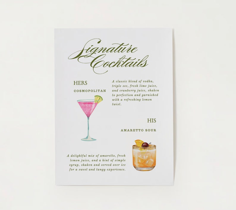 Wedding Signature Cocktail Menu POSTER SIZE Multiple Design Option ...
