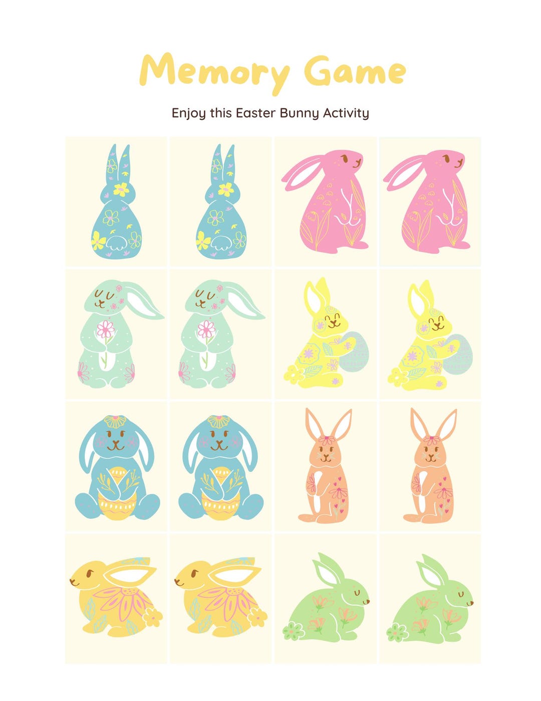 Bunny Memory Game | Printable Kids Activity | 32 Cards With 16 Cute ...