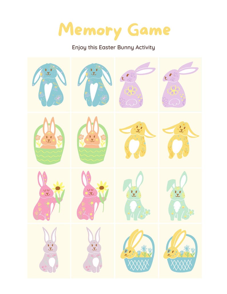 Bunny Memory Game | Printable Kids Activity | 32 Cards With 16 Cute ...