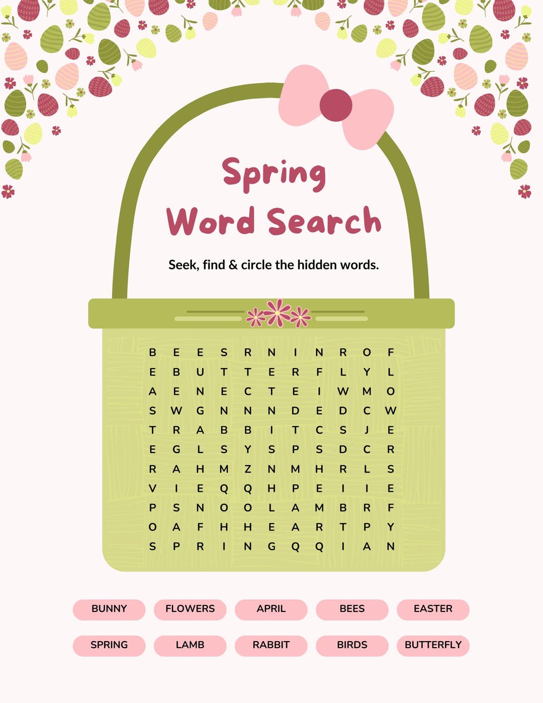 Spring Word Search Printable | Easter Basket - Etsy