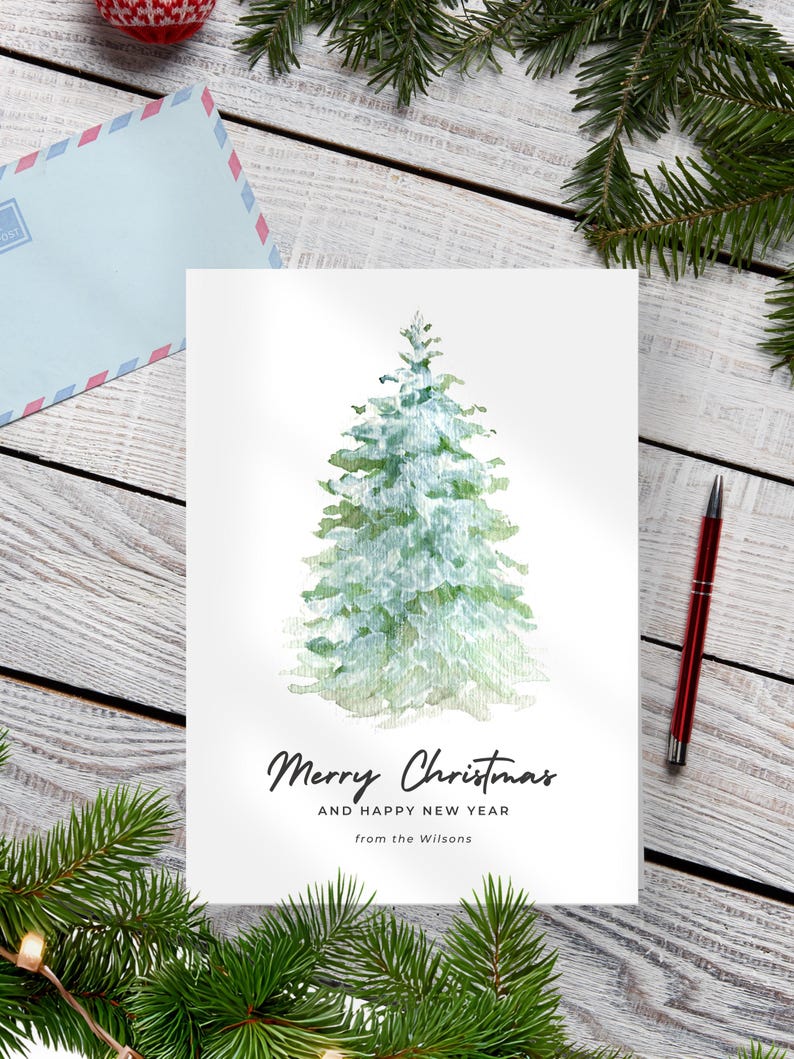 Watercolor Christmas Tree Card Template · Minimalist Holiday Card ...