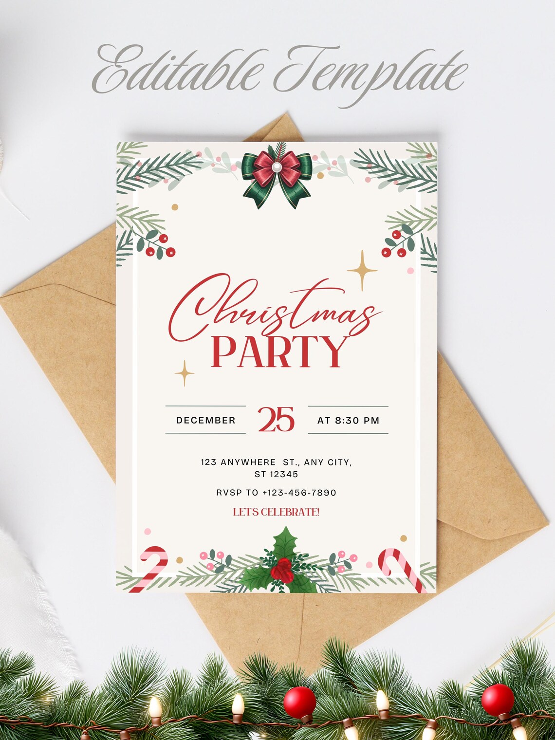 Modern Christmas Party Invitation Template • Editable Canva Holiday ...