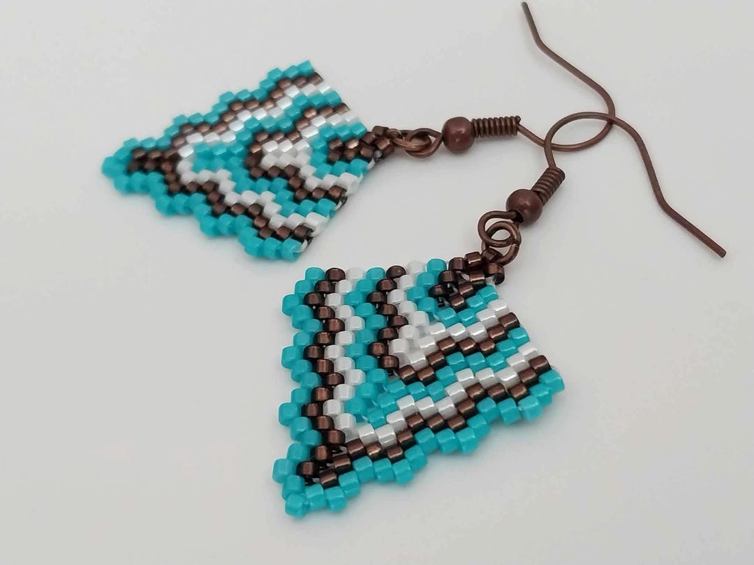 Beaded Arrowhead Earrings in Brown, Turquoise and White / Seed Bead ...