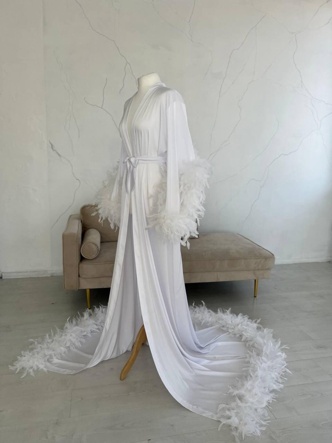 Long Feather Robe, Bridal Robe With Train, Silk Dressing Gown, Feather ...