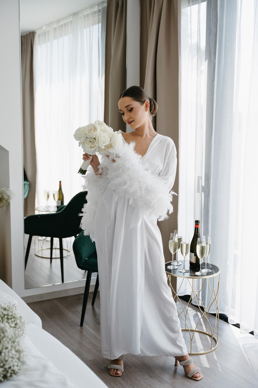 Wedding Kimono Robe With Feather Sleeves, Boudoir Robe, Maxi Bridal ...