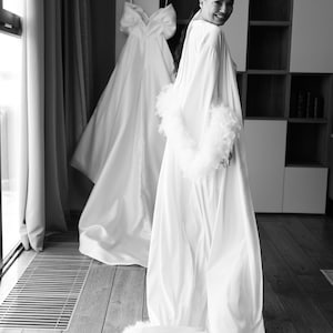White Satin Bridal Robe With Train and Feathers - Handmade - Etsy