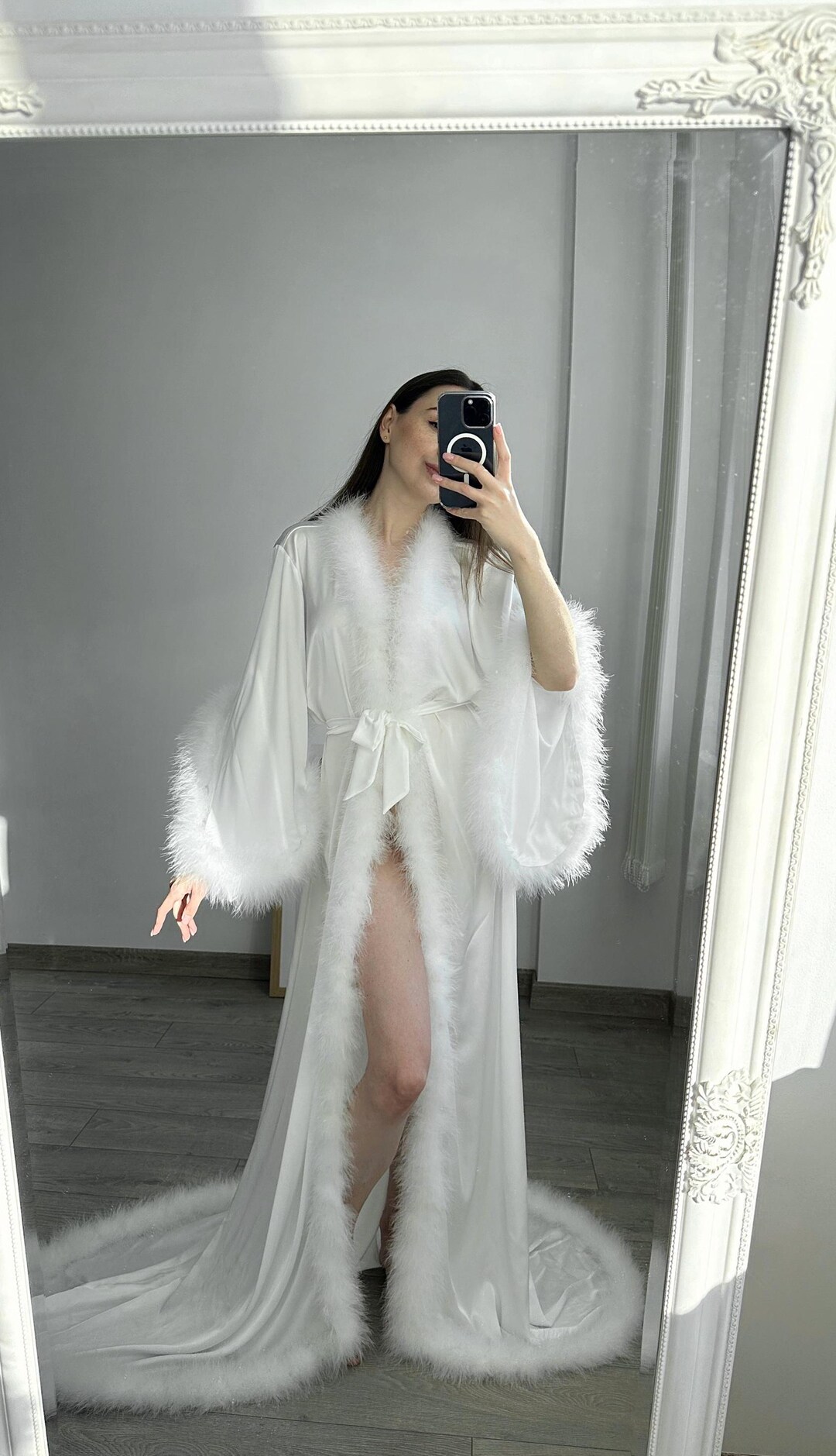 Long Fluffy Marabou Feather Robe, Bridal Robe With Train, Wedding ...