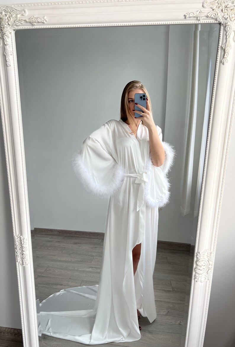 Silk Bridal Robe With Train, Boudoir Robe With Feather Sleeves ...