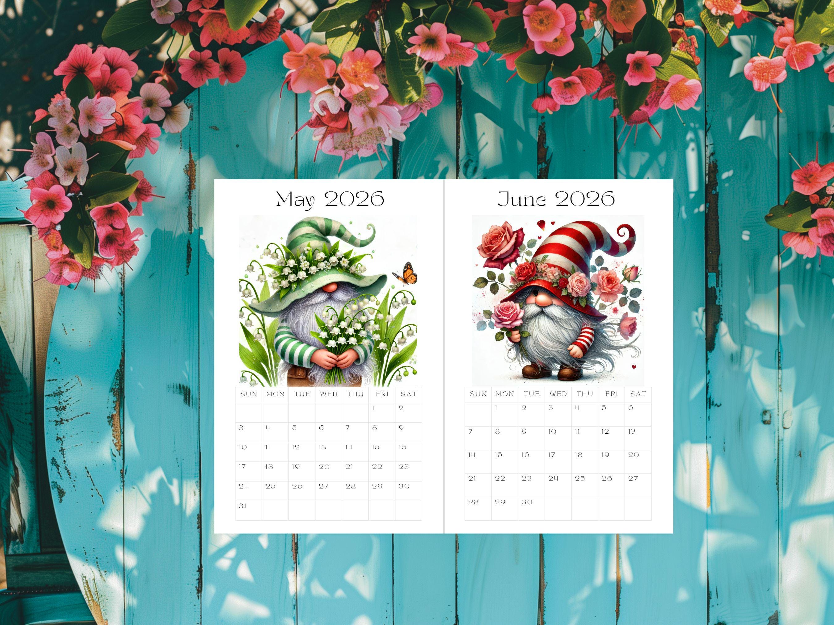 2026 Calendar - Gnomes & Flowers Printable Desk Calendar - Etsy