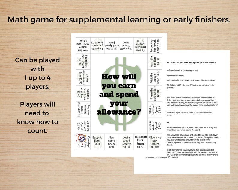 The Allowance Game - Printable File Folder Math Game to Practice Money ...