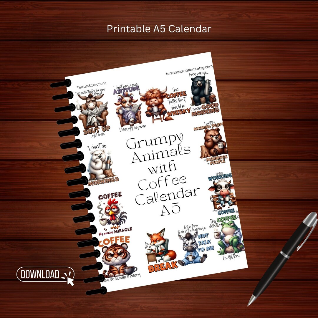 2025 A5 Printable Grumpy Animals With Coffee Calendar - Etsy