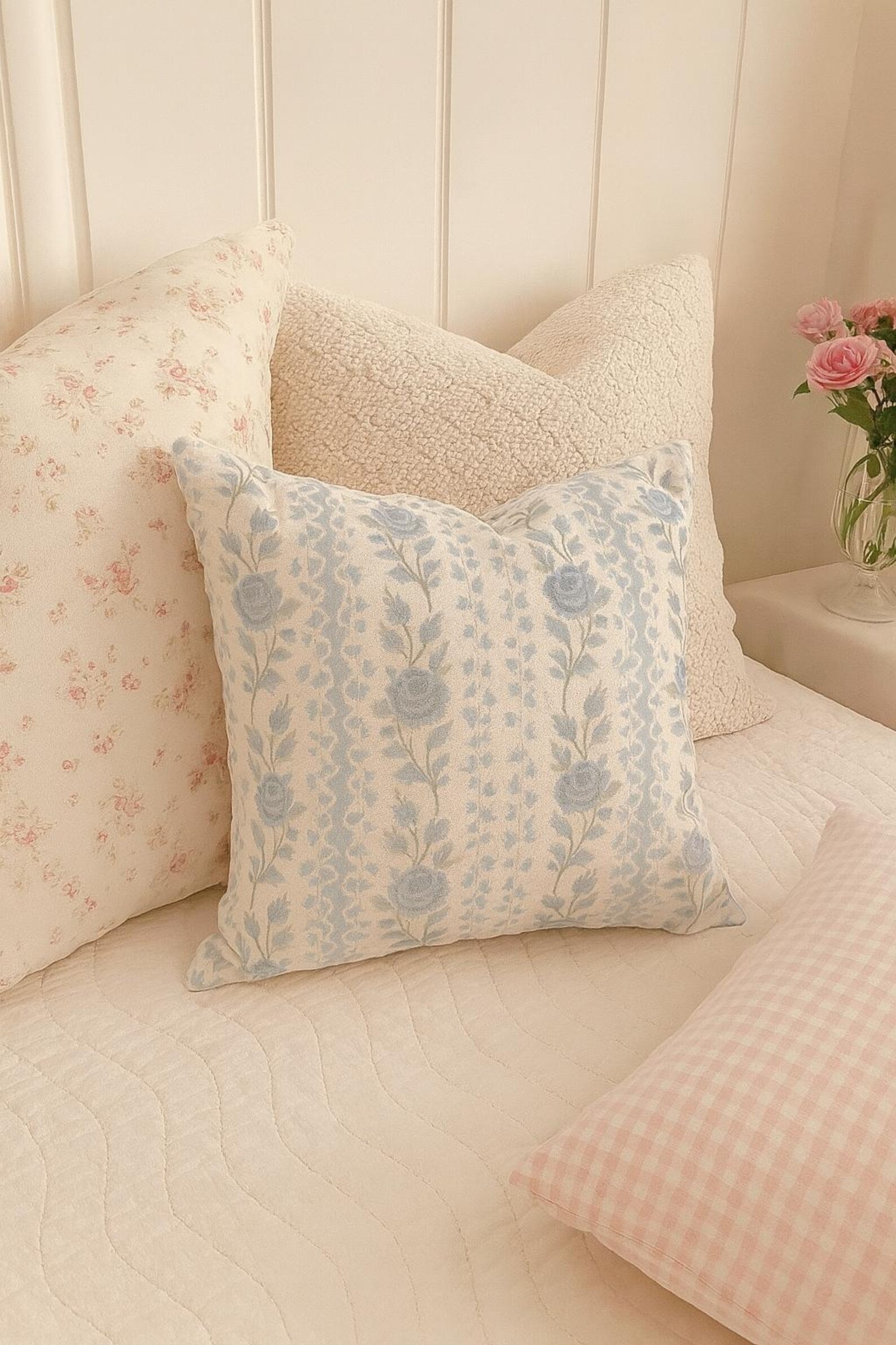 Vintage Blue Rose Throw Pillow Cover, Floral French Feminine ...