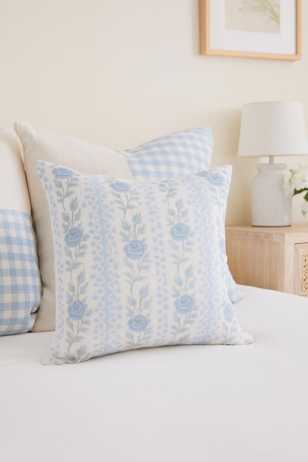 Vintage Blue Rose Throw Pillow Cover, Floral French Feminine ...