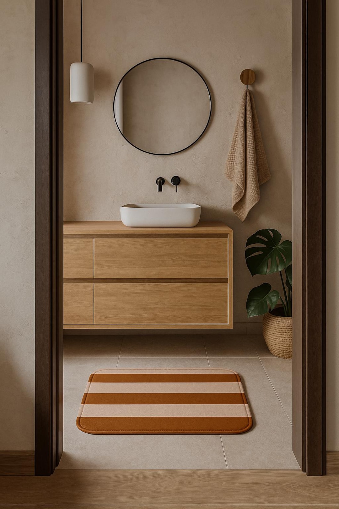 Terracotta Striped Bath Mat, Terracotta & Blush Memory Foam Rug, Anti ...