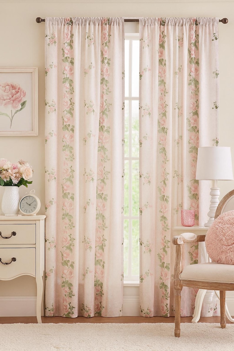 Pink Floral Striped Sheer Window Curtain – Feminine Shabby Chic ...