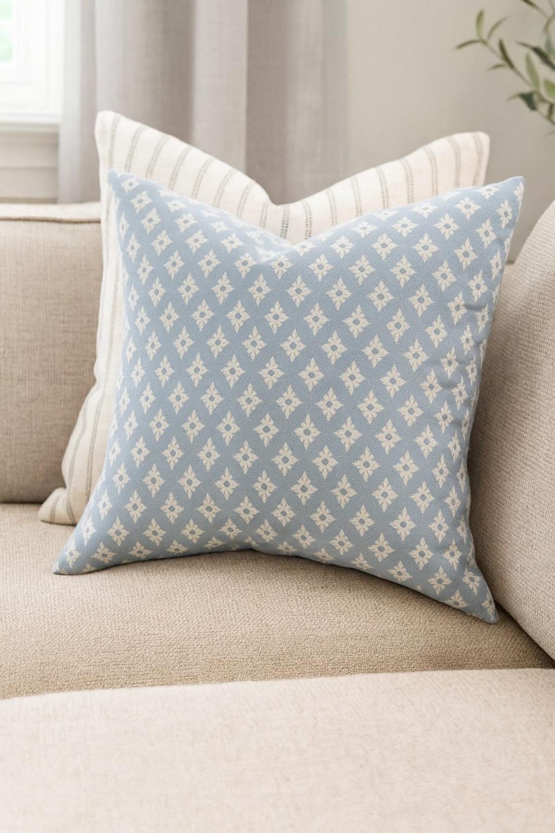 Blue Geometric Floral Pillow Cover – Decorative Throw Pillow for Sofa ...