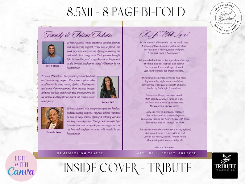 Editable Canva Funeral Program Template Purple Obit 8-page 8.5x11 Bi ...