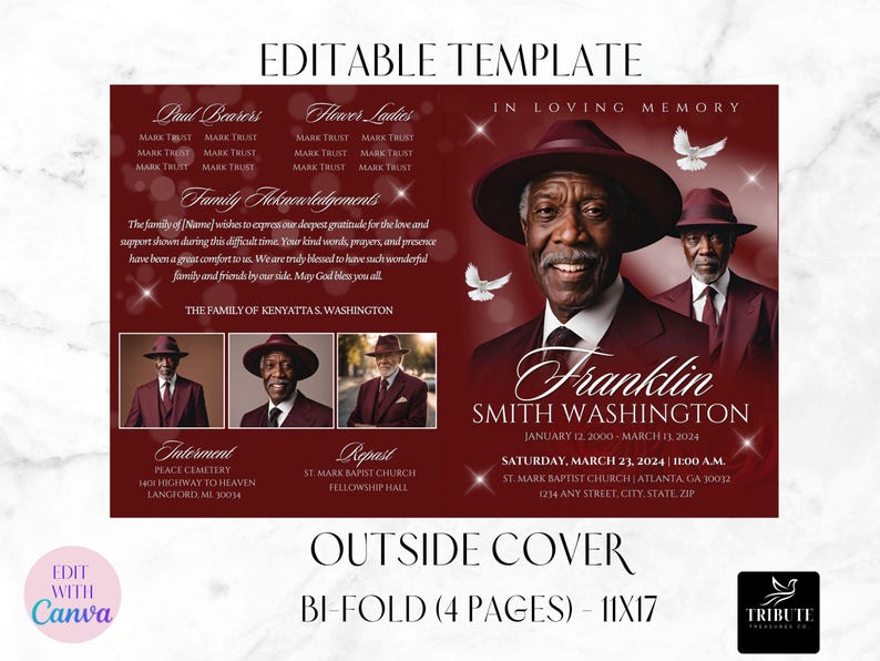 Editable Canva Funeral Program Template Burgundy Rose 4-page 11X17 Bi ...