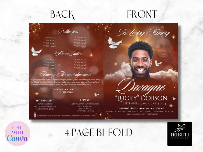 Red Sunrise Funeral Program Template: 4-page Memorial (canva Editable ...