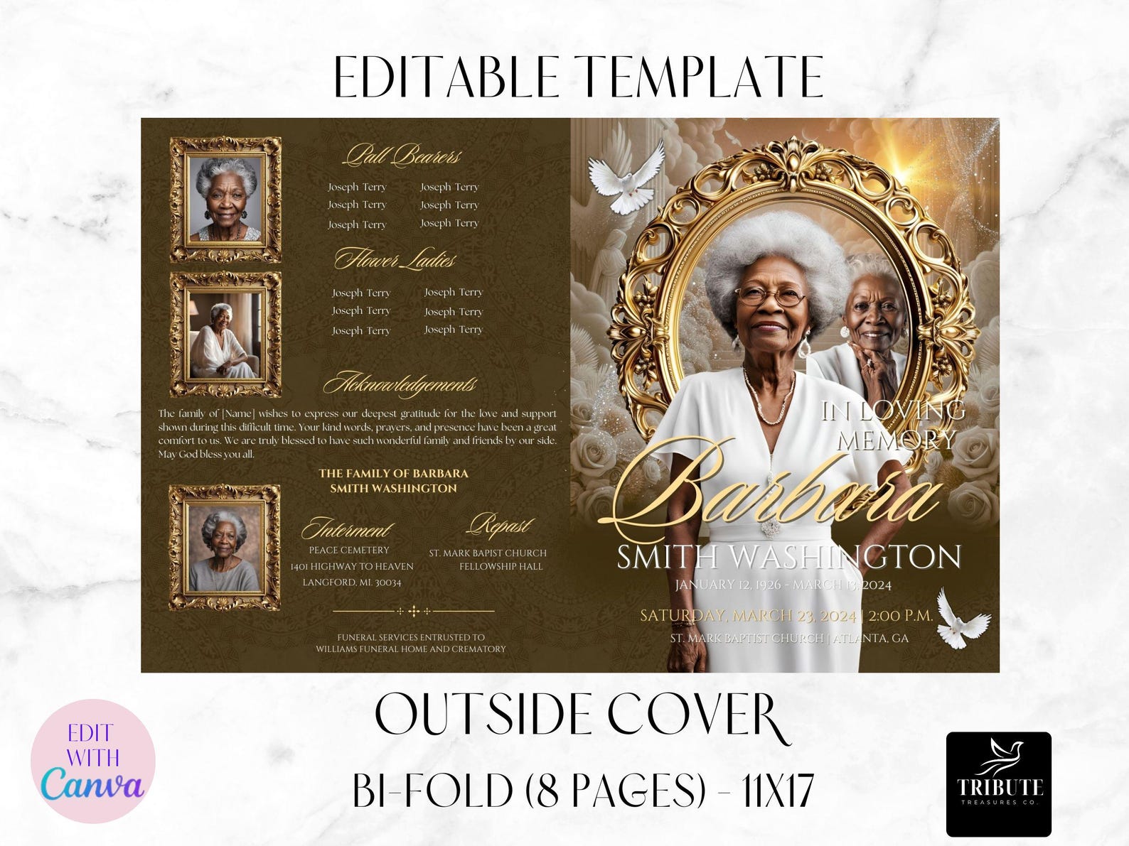 Brown & Gold Funeral Program Template: 11x17 Obituary Book (canva ...