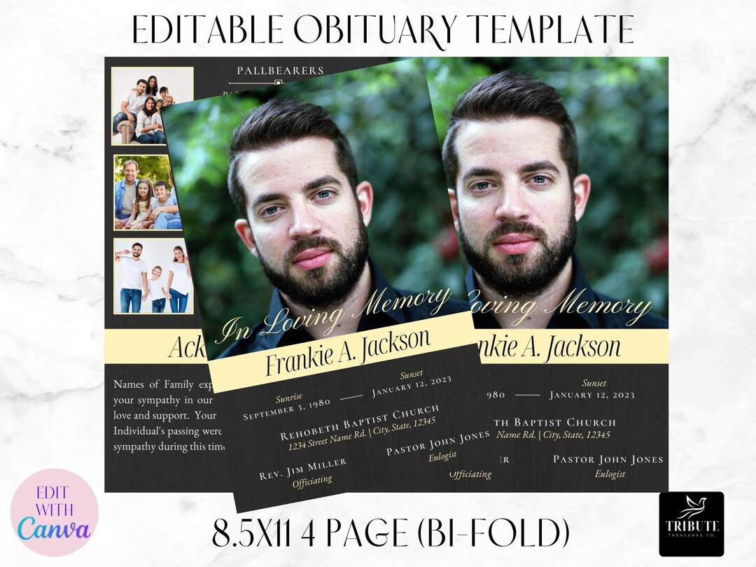 Funeral Program Template: Simple Black Obituary Book (canva, 8.5x11 Bi ...