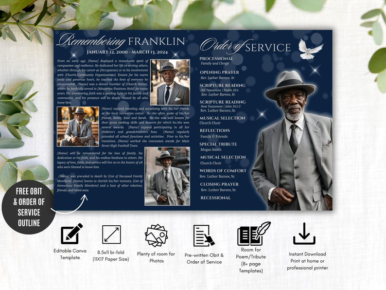 Navy Rose Funeral Program Template: 4-page Memorial (canva Editable) - Etsy